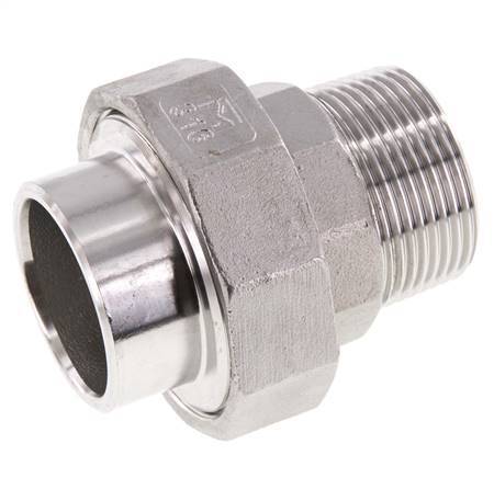 Rechte Koppeling R1 1/4" Buitendraad X 42,4mm met Laseinde In RVS met Vlakke Afdichting PTFE ...